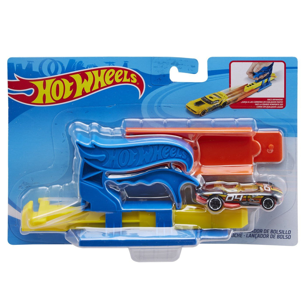 Hot wheels set lansator portabil albastru si masinuta, Mattel – Publisol.ro